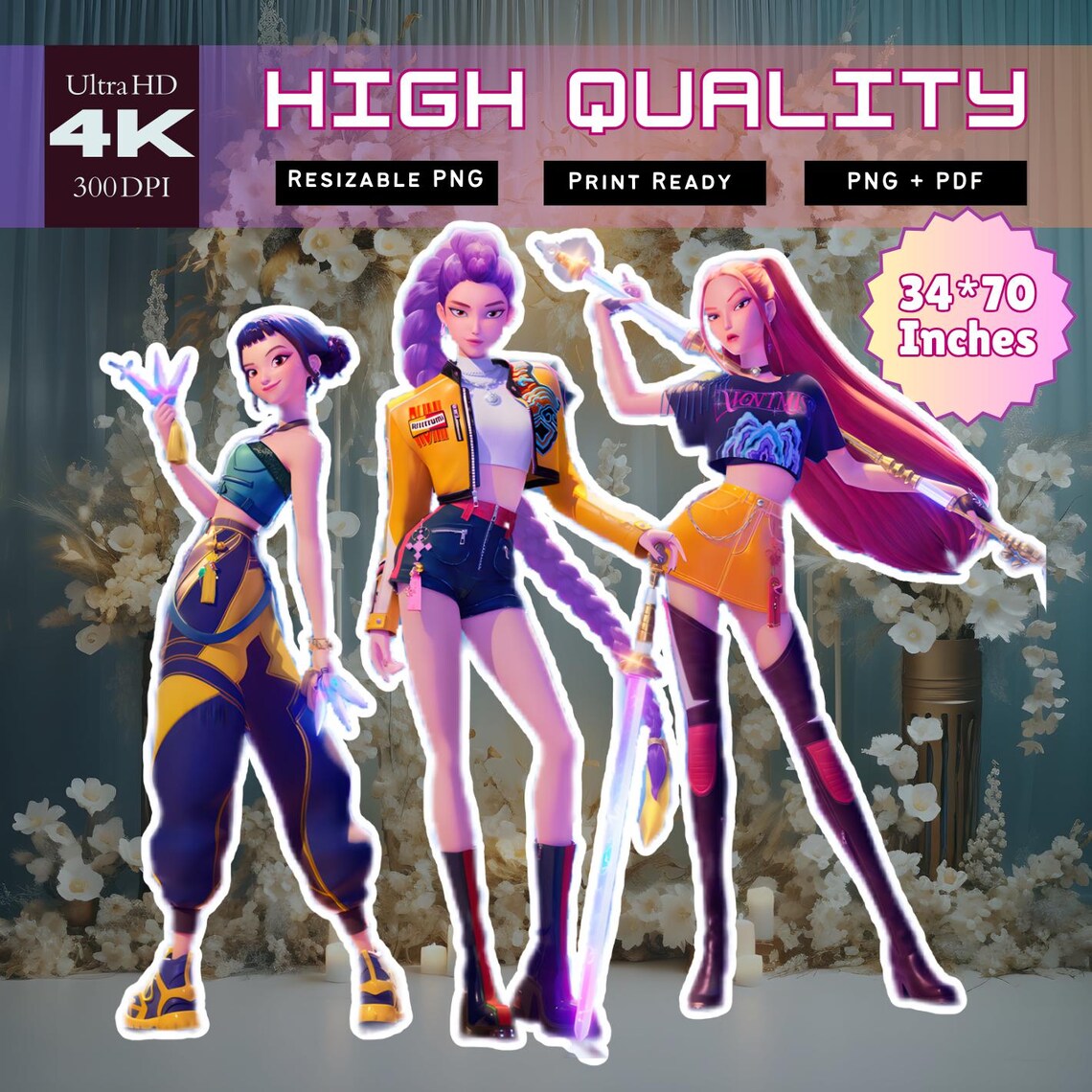 Kpop Demon Hunters Group Standee Printable 4ft | Huntrix Life Size ...