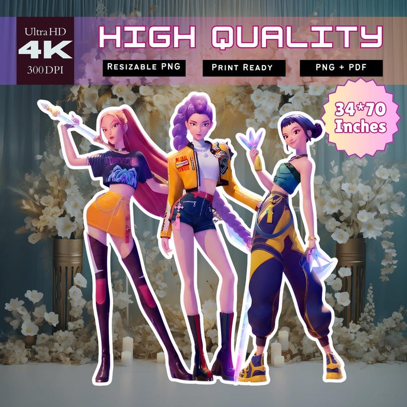Huntrix Kpop Trio Standee | Demon Hunters Party Decor (34x70 PNG PDF ...