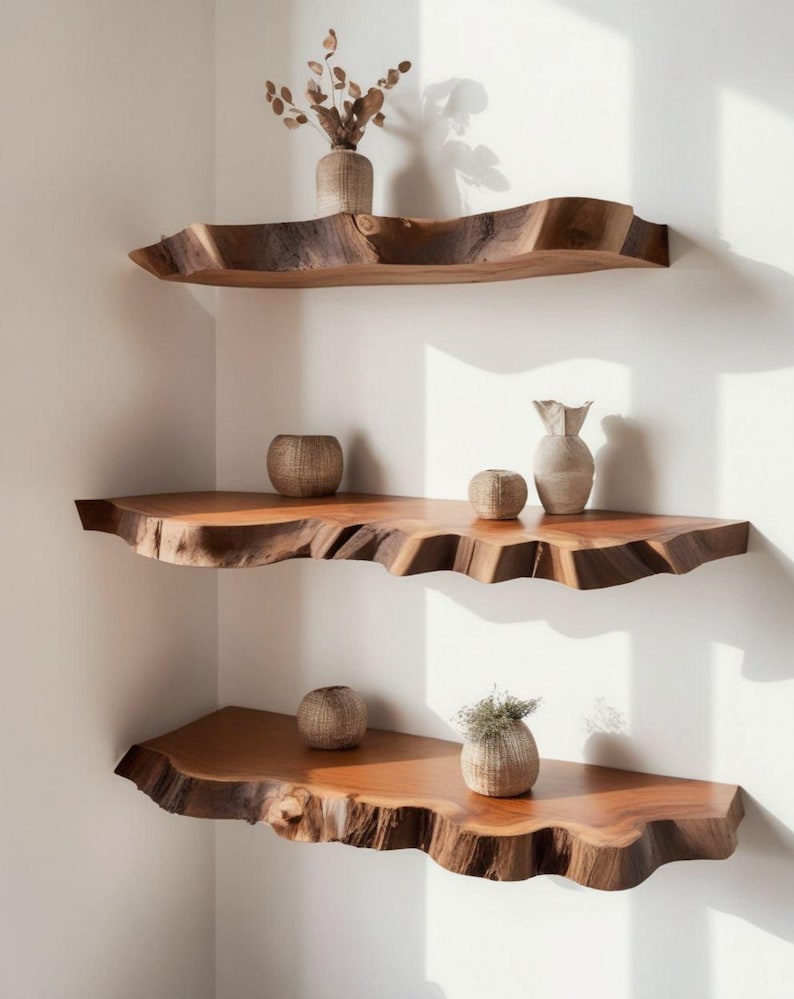 Minimalist Live Edge Teak Wall Shelf, Floating Solid Wood Shelf for ...