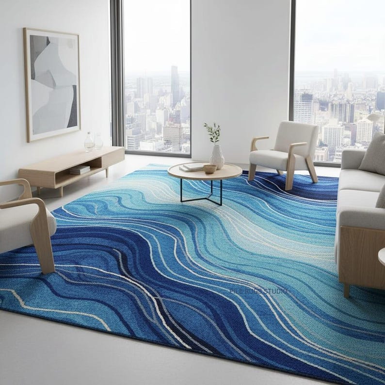 Modern Blue Abstract Wave Rug | Hand Tufted Contemporary | Luxury Ocean ...