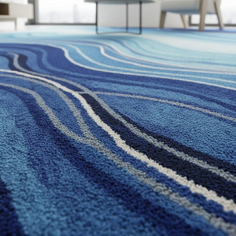 Modern Blue Abstract Wave Rug | Hand Tufted Contemporary | Luxury Ocean ...