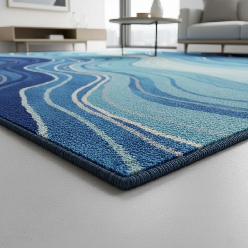 Modern Blue Abstract Wave Rug | Hand Tufted Contemporary | Luxury Ocean ...