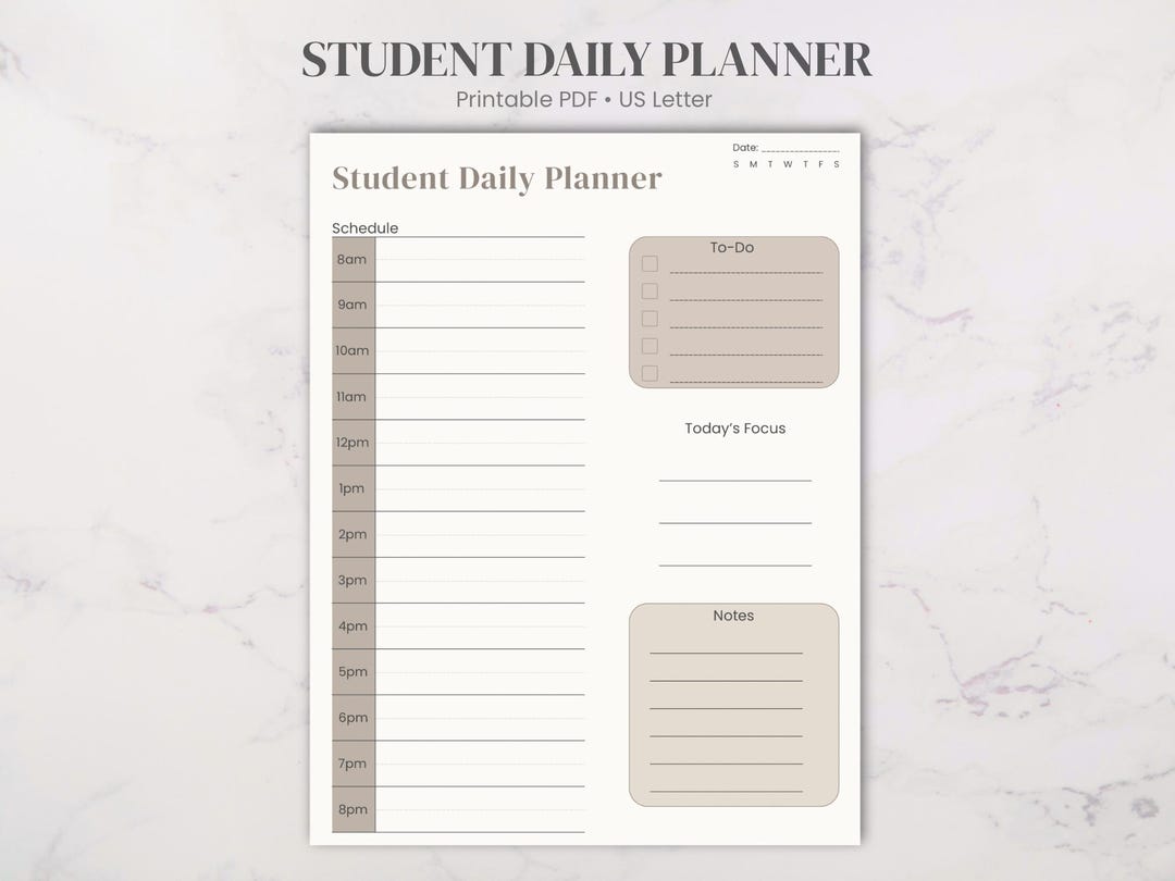 Student Daily Planner Printable | Warm Beige Daily Planner PDF | Hourly ...
