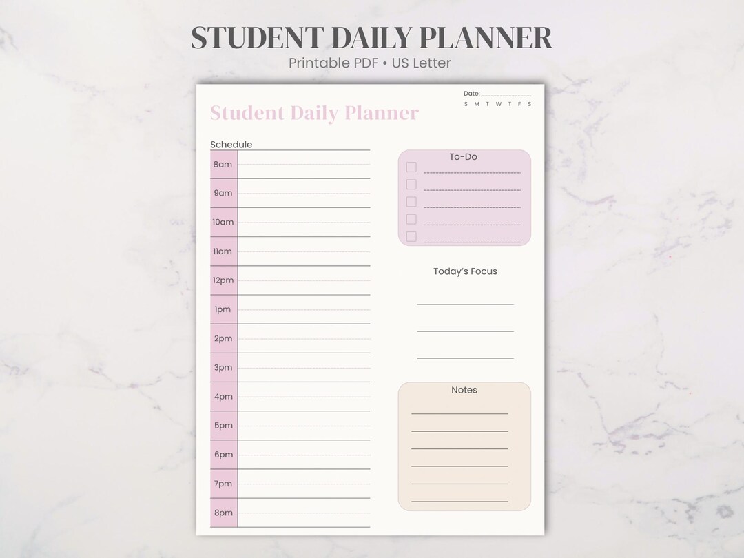 Student Daily Planner Printable | Blush Pink Daily Planner PDF | Hourly ...