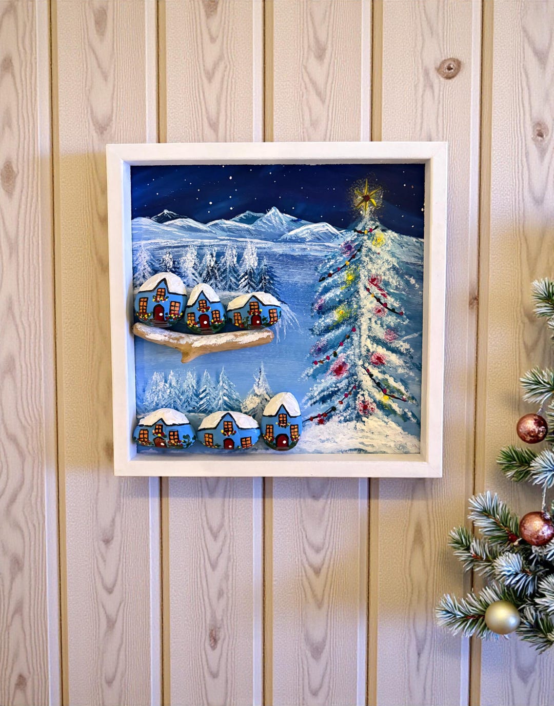 Handmade Winter Village Pebble Art, Hand Painted Christmas Tree Decor ...