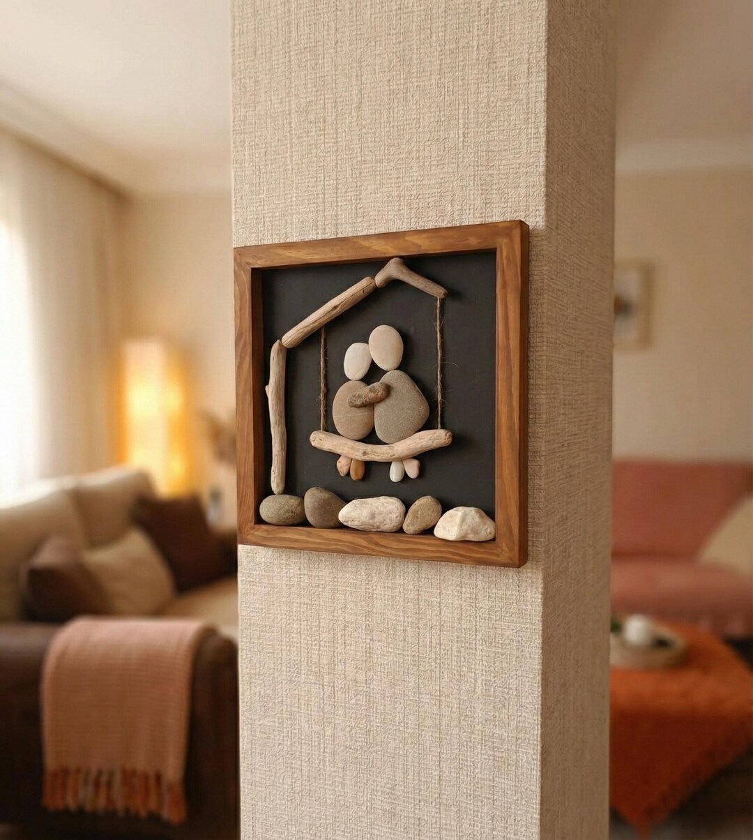 Handmade Pebble Art, Couple on Swing, Driftwood Wall Decor, Romantic ...