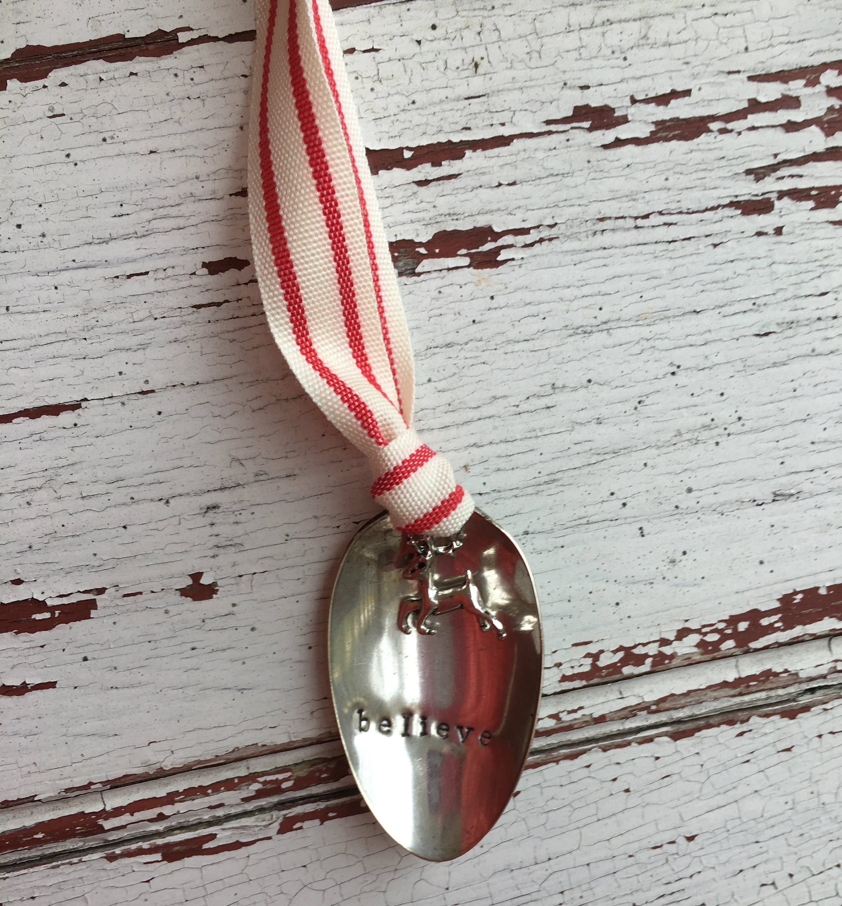 Hand Stamped Upcycled Spoon Christmas Ornament BELIEVE with Reindeer ...