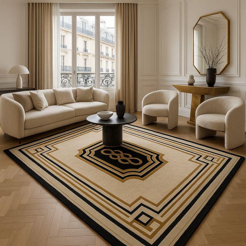 Hand-tufted Wool Art Deco Rug | Beige, Black & Gold - Etsy