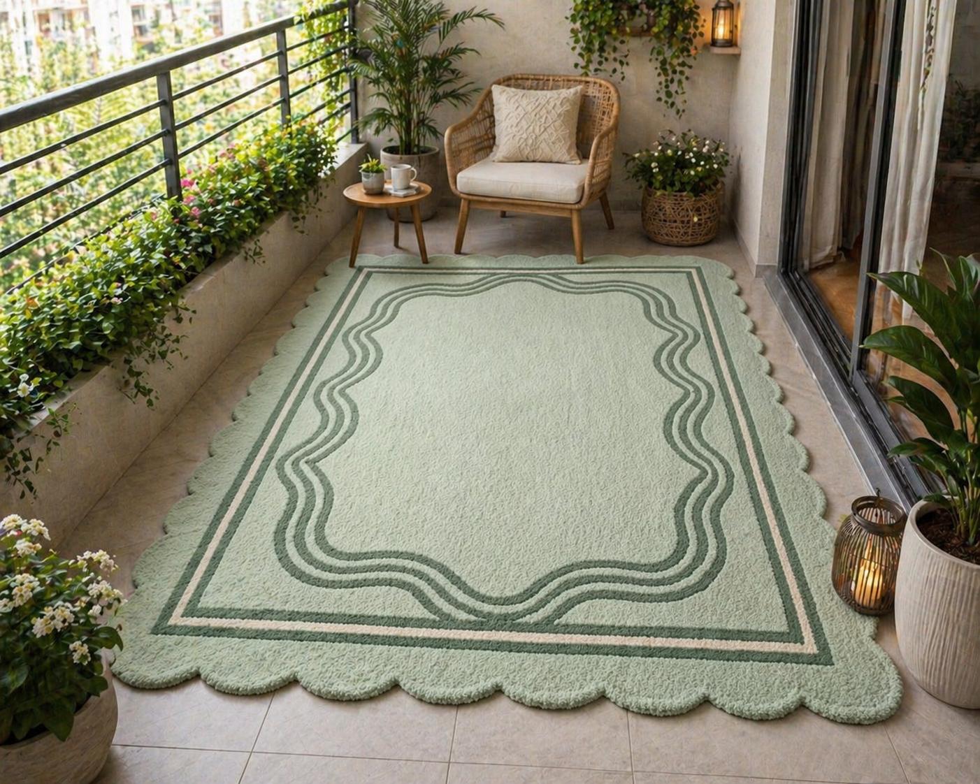Sage Green Area Rug, Scalloped Edge Hand Tufted Rug, Modern Wave ...