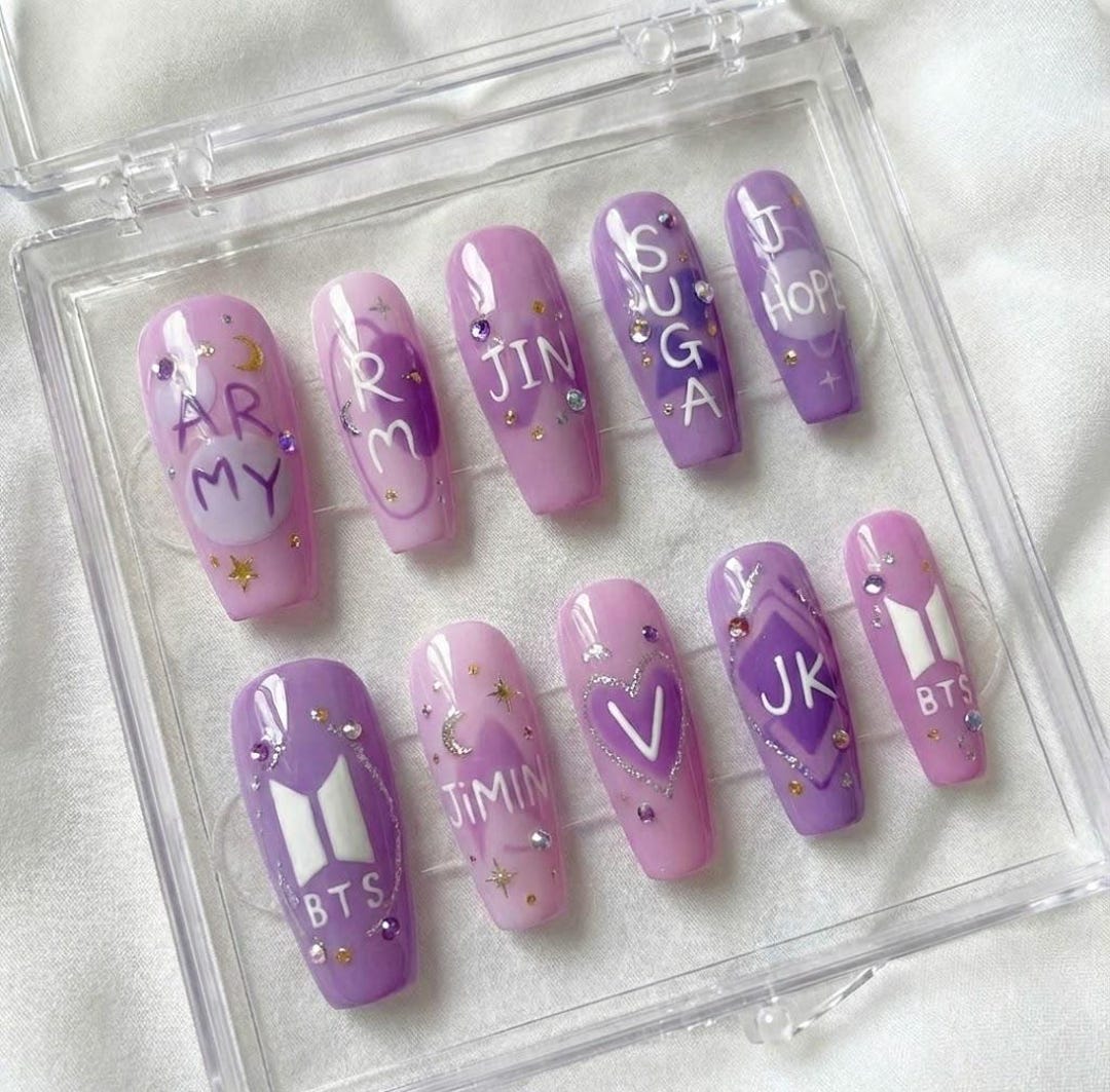 Purple Press on Nails, Member Name Nail Art, Kawaii Pastel Fake Nails ...