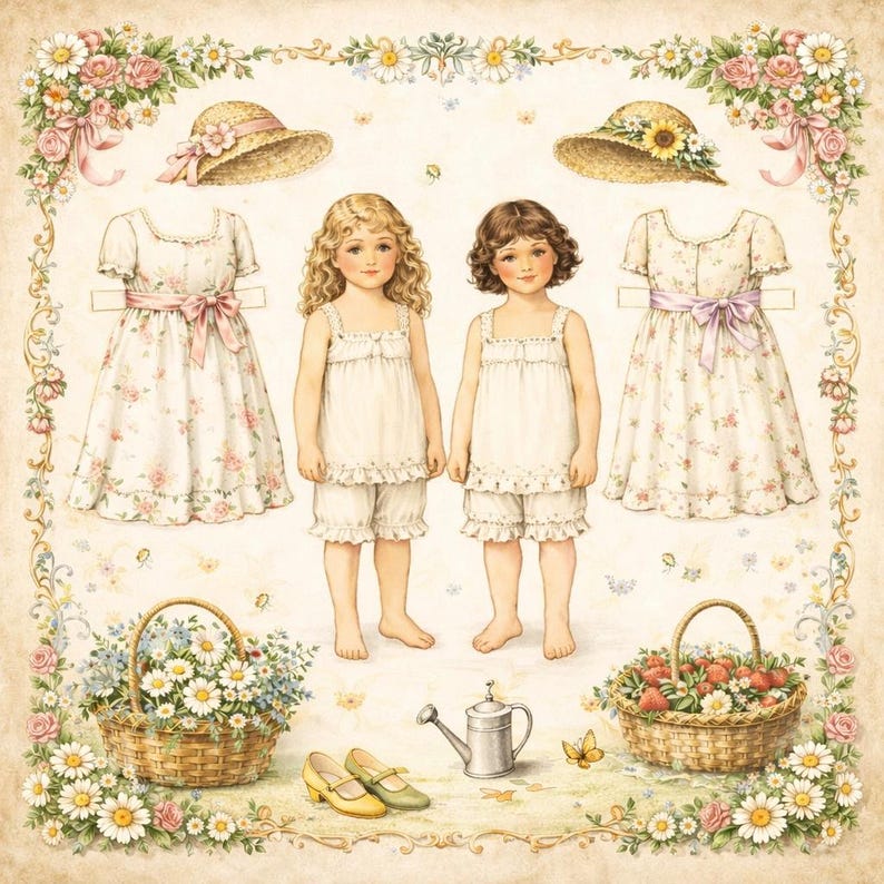 Cottagecore Paper Dolls, Countryside Girls With Floral Dresses, Baskets ...
