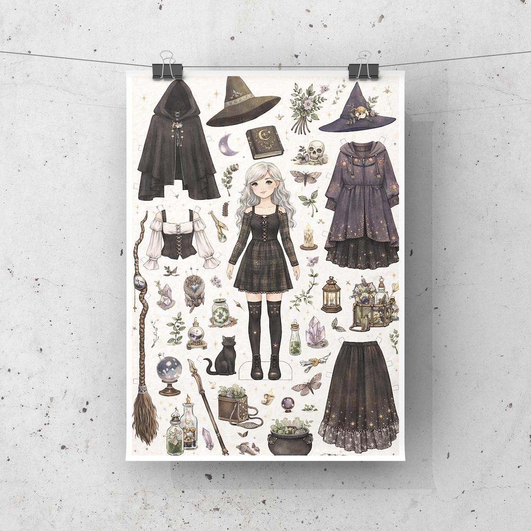 Witchcore Aesthetic Paper Doll Printable, Soft Witch Girl With Magical ...