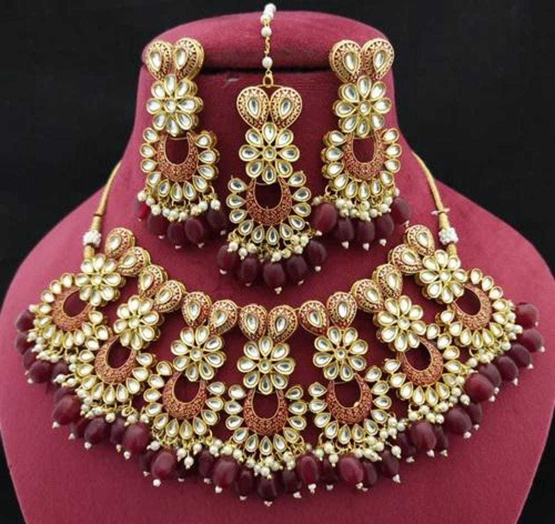 Gold Plated Backside Meenakari Kundan Pearl Necklace Set for Girl Women ...
