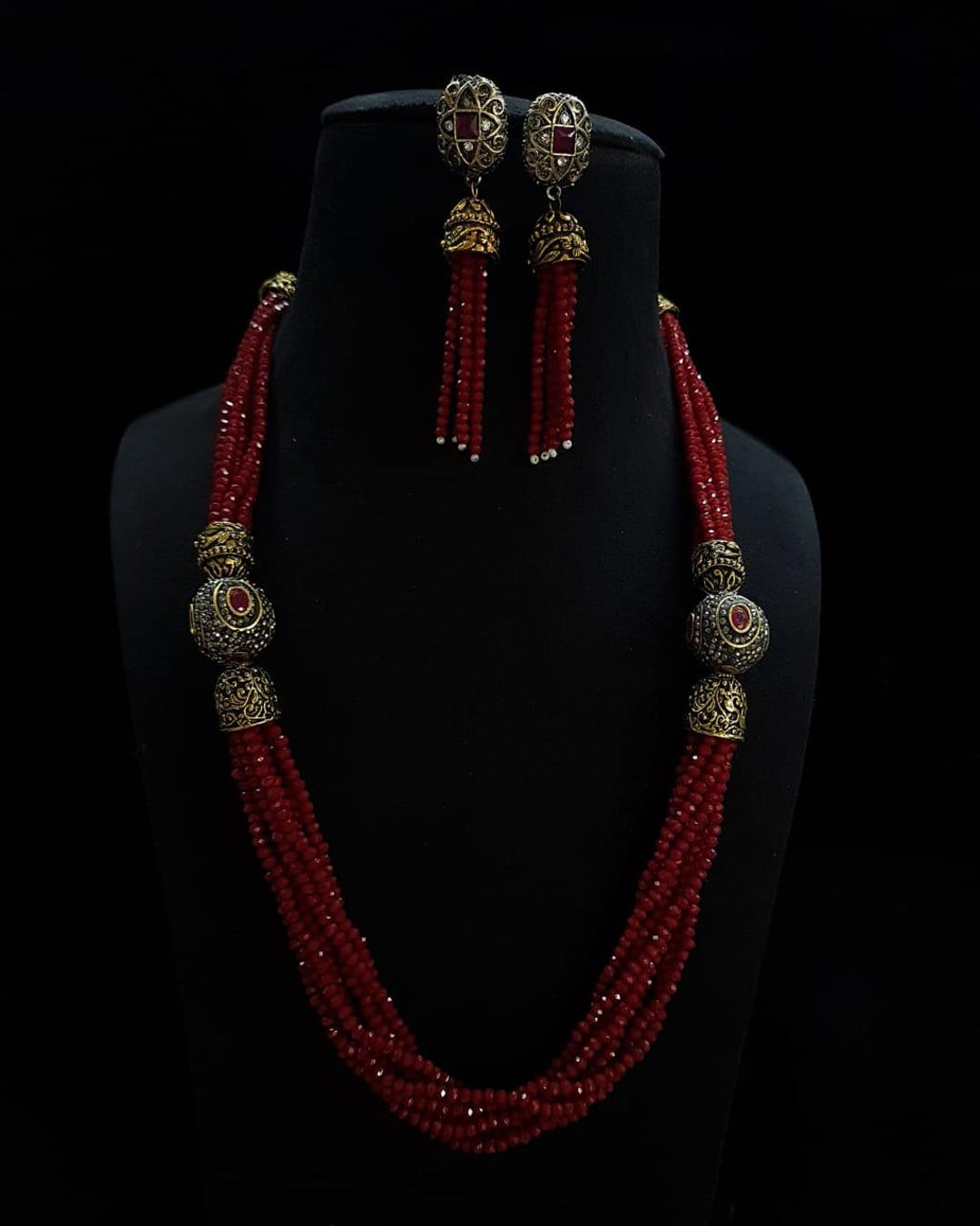 Gold Plated Antique Pearl Mala Hydro Beads Necklace Set With Earrings ...