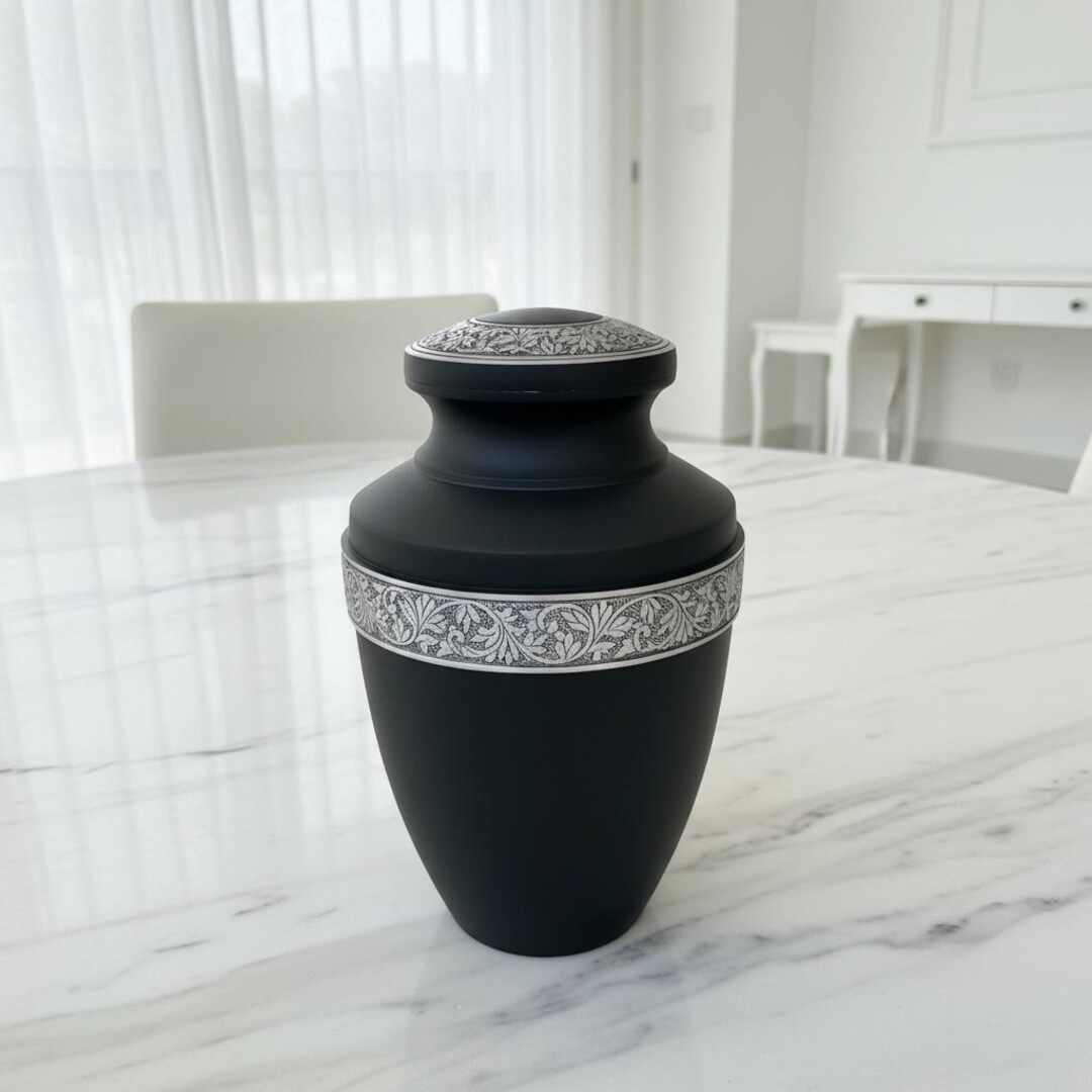 Elegant Black Cremation Urn With Silver Engraving – Large Funeral ...