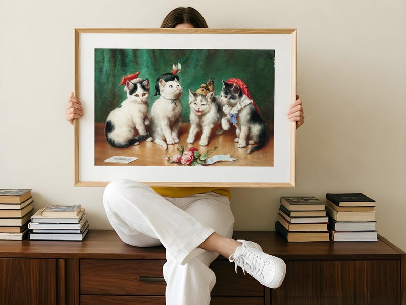 Four Kittens With Hats Illustration, Victorian Charm Nursery Wall Art ...