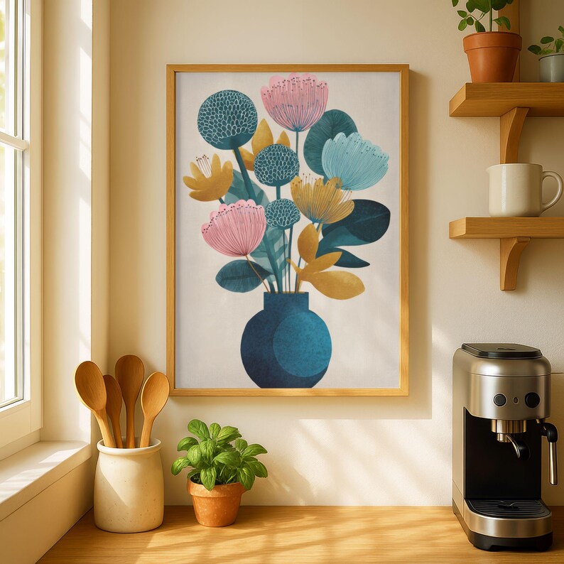 Modern Teal Floral Print | Mid Century Botanical Illustration (digital ...