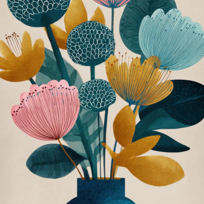 Modern Teal Floral Print | Mid Century Botanical Illustration (digital ...