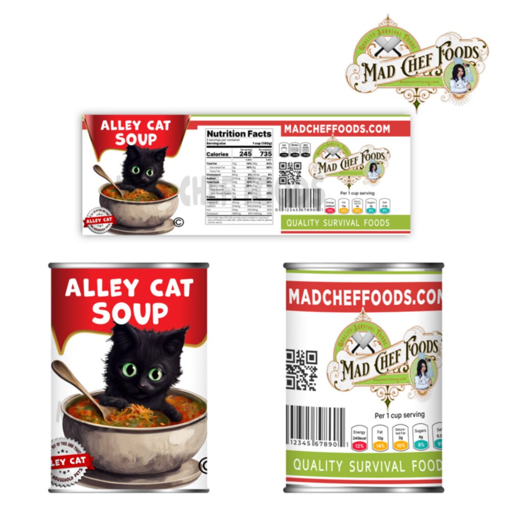 Funny Can Labels - Alley Cat Soup Can Wrap Stickers - Adhesive Vinyl ...