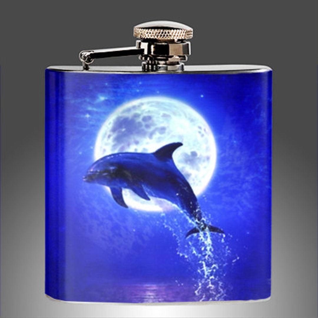 Dolphin Flask Blue Background With Full Moon 21st Birthday Gift ...