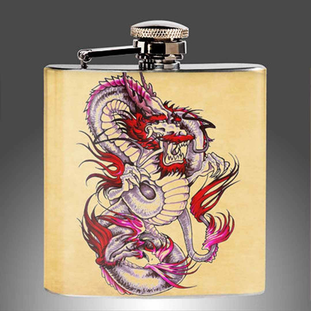 Flask Chinese Dragon Tattoo Flash Art Print Wrapped on Stainless Steel ...