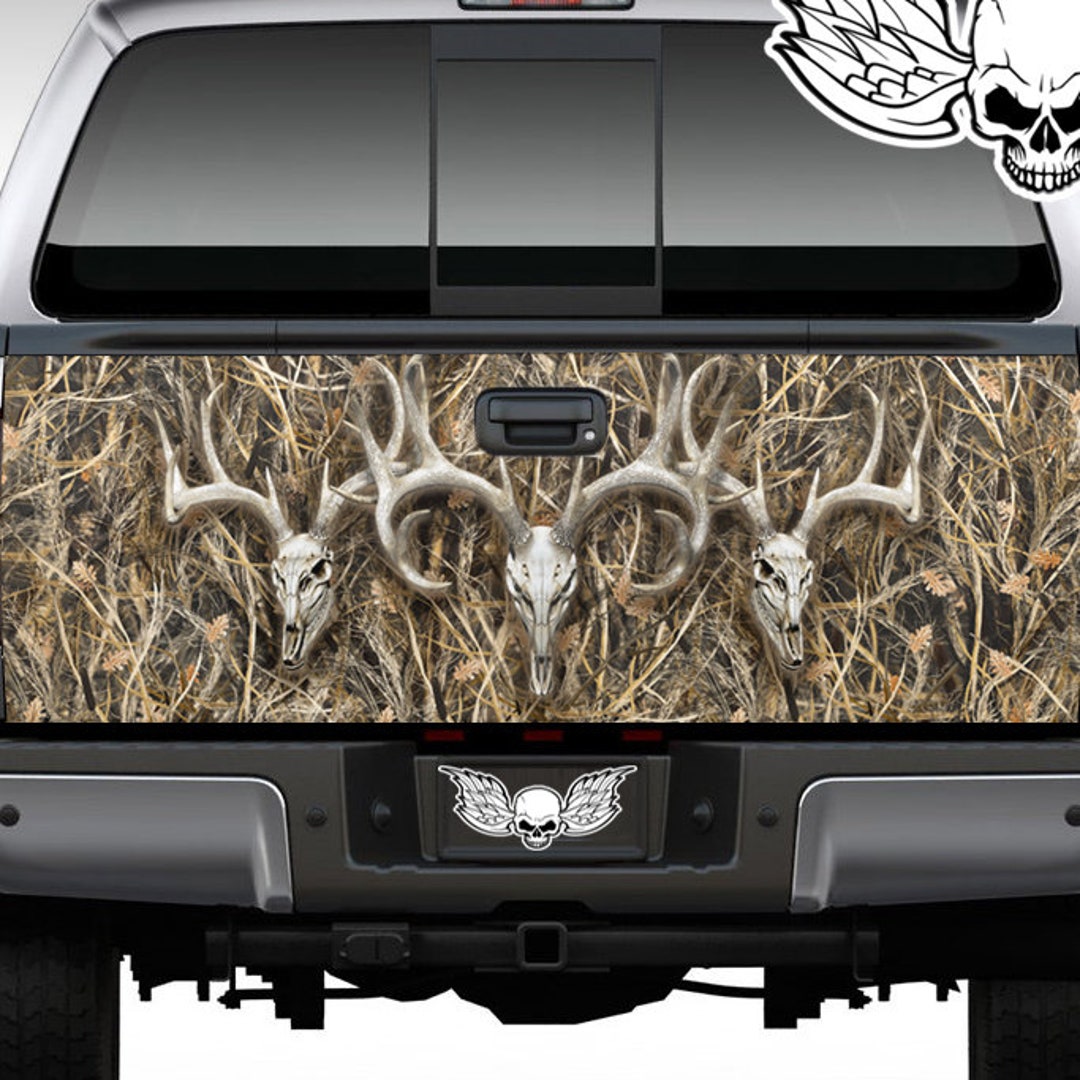 Tailgate Wrap With 3 Buck Skulls Camouflage - Deer Skulls on Tall Grass ...