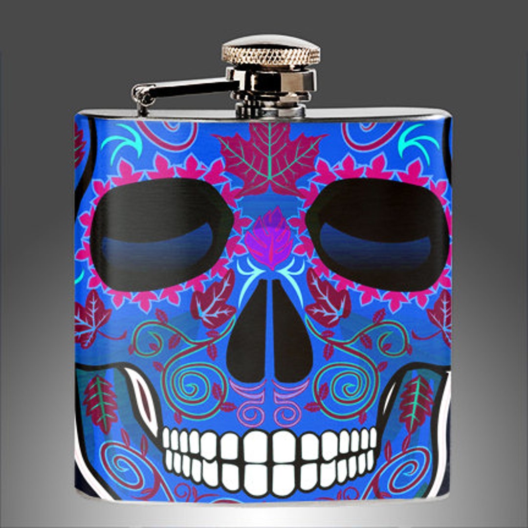 Sugar Skull Flask Blue Day of the Dead Whiskey Flasks Día De Muertos ...