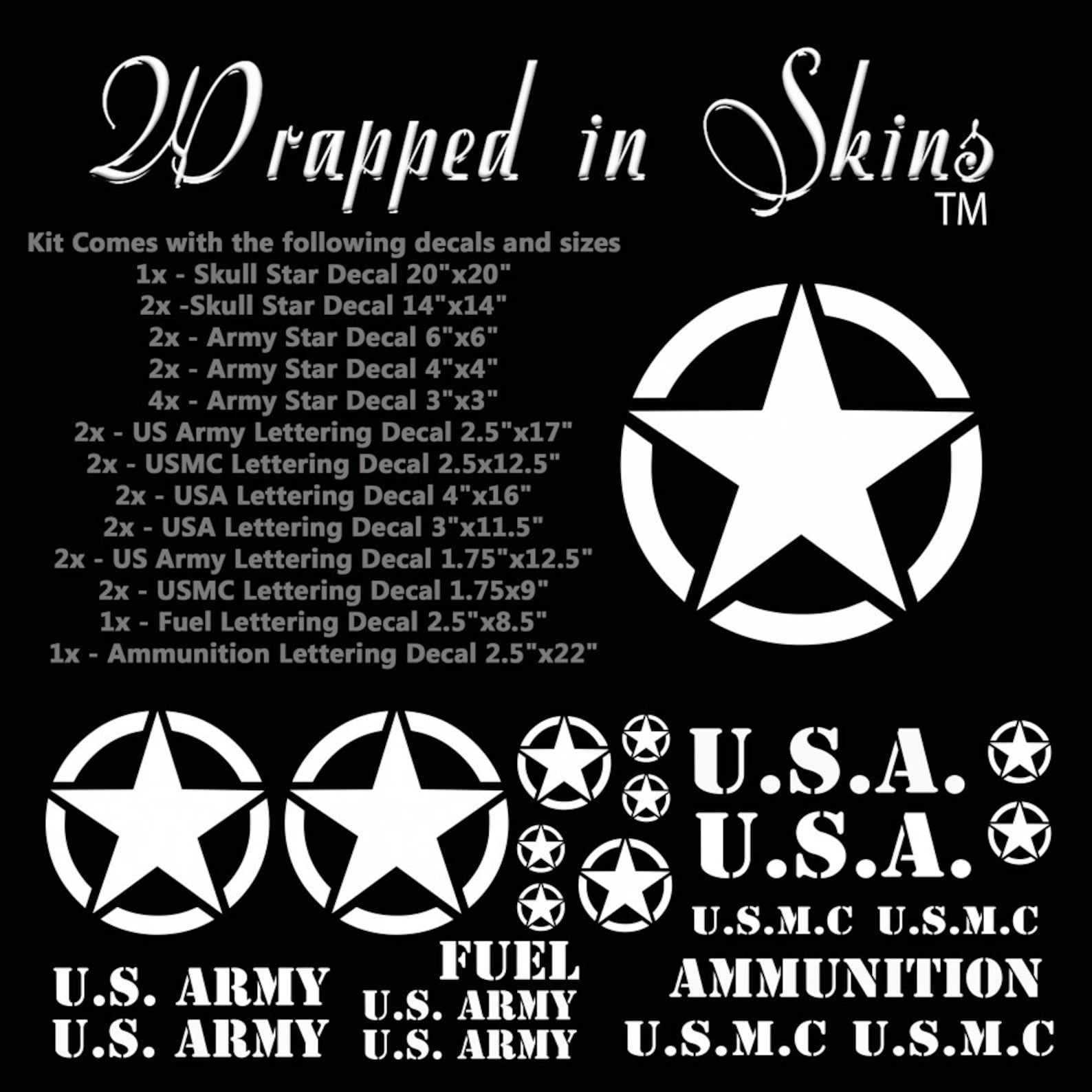 Military Star Decal Kit for Compact 4x4 Vehicles Trucks Cars WHITE ...