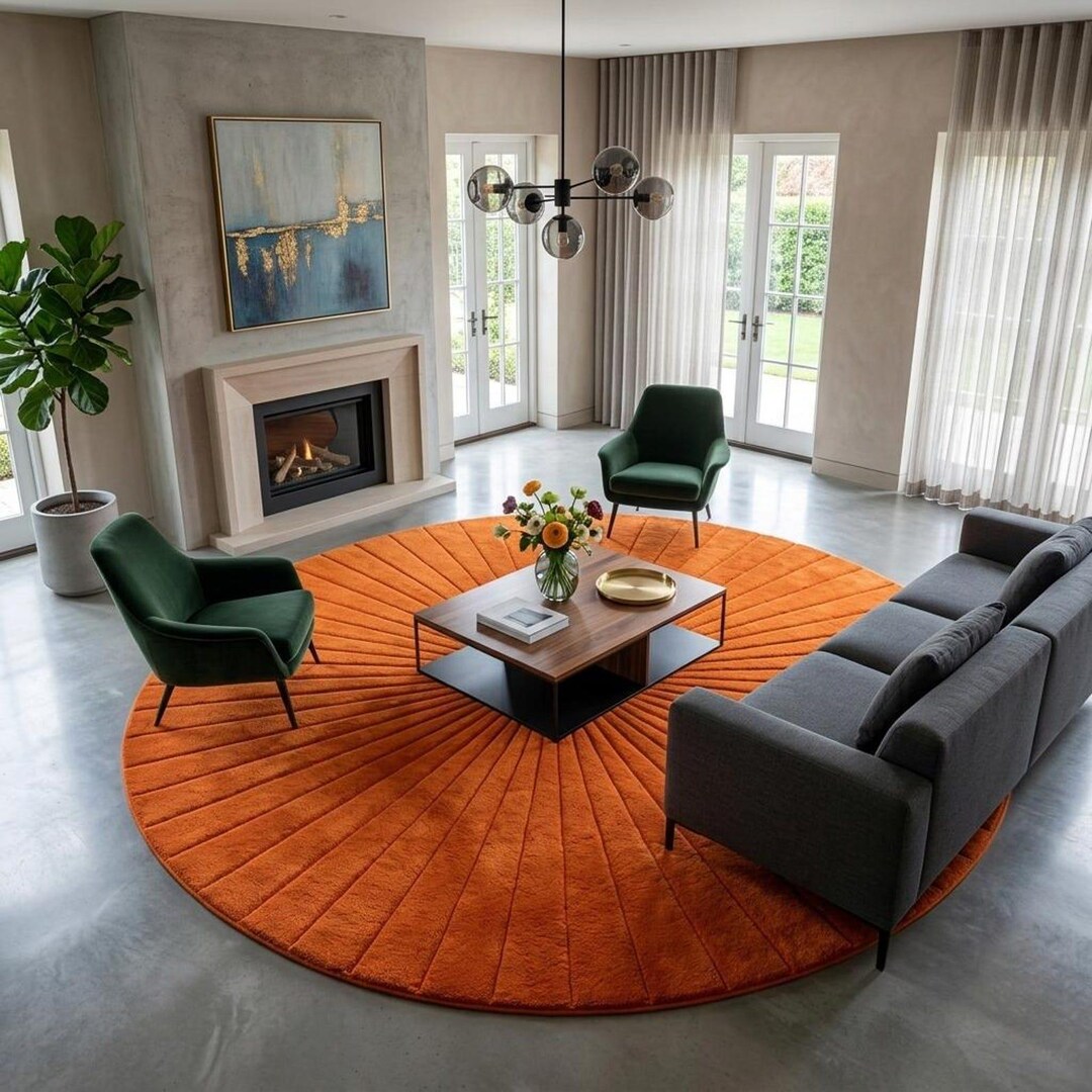 Burnt Orange Round Rug, Sunburst Radial Textured Circle Carpet, Modern ...