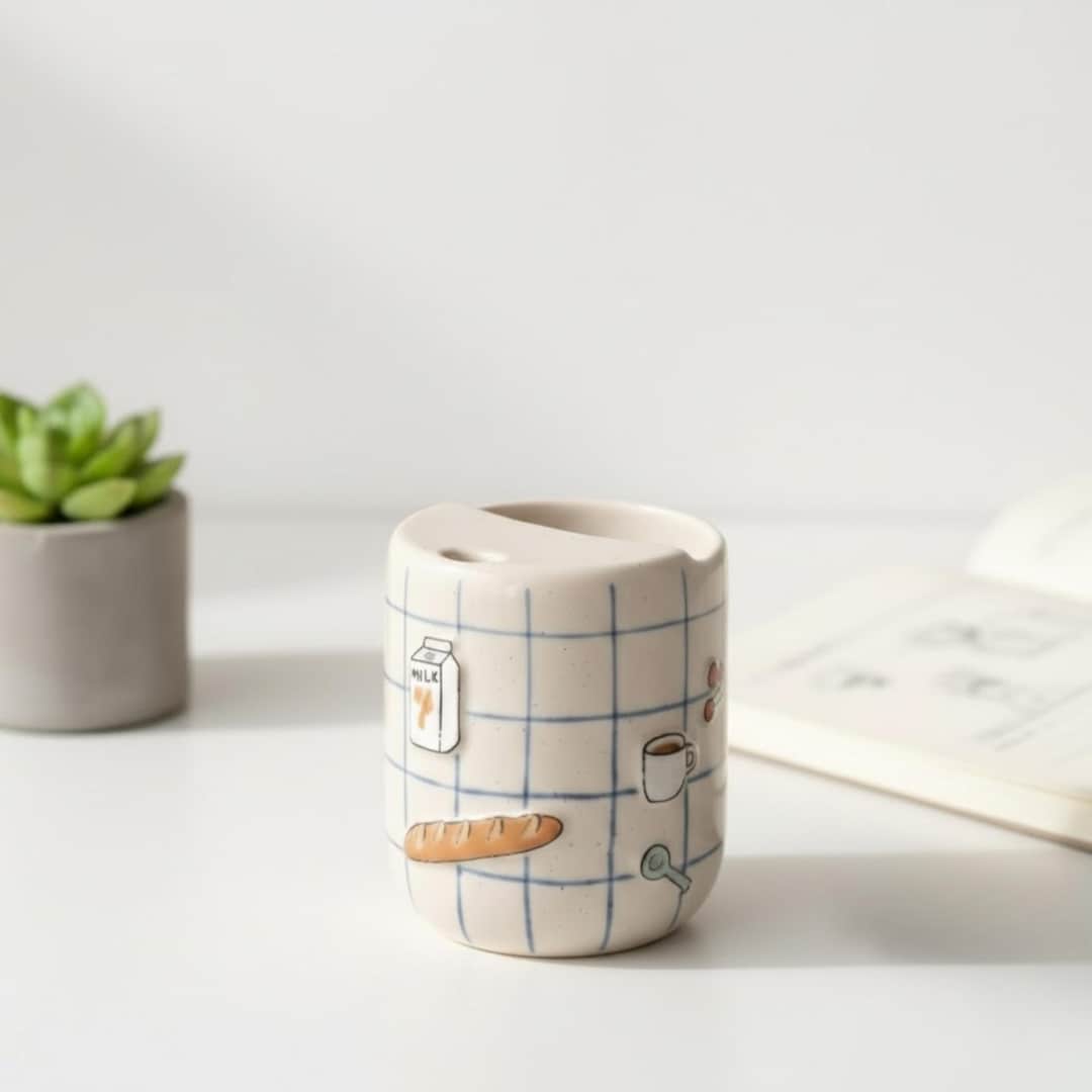 Breakfast Illustrated Ceramic Mug, Grid Pattern Coffee Cup, Cute ...