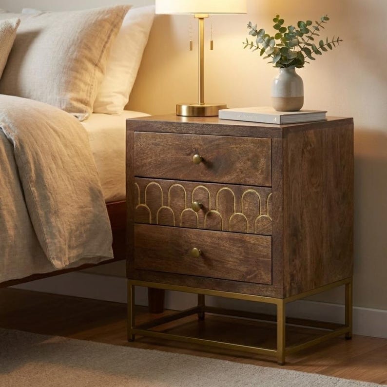 Handcrafted Mango Wood Nightstand, Geometric Gold Inlay, Boho Accent ...