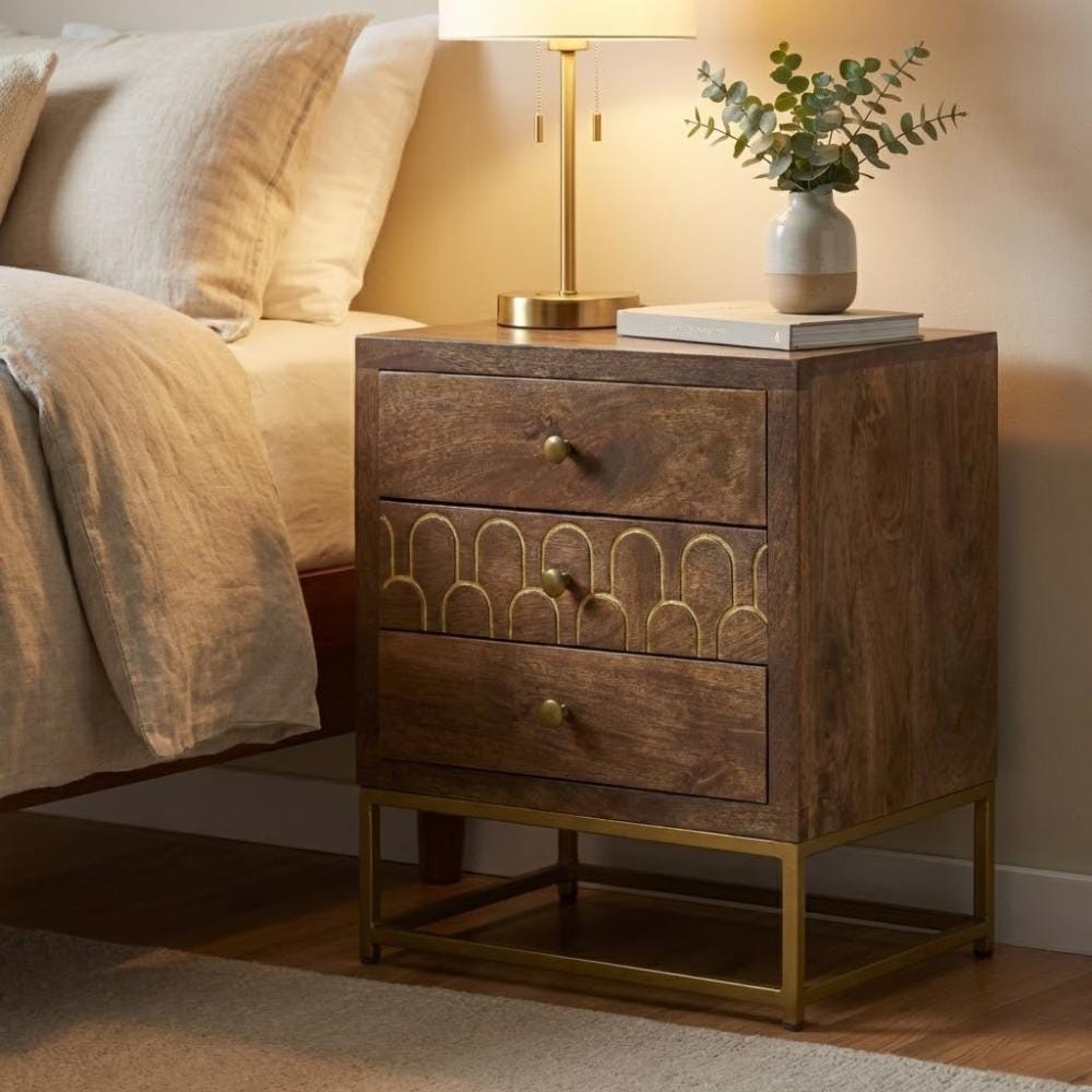 Handcrafted Mango Wood Nightstand, Geometric Gold Inlay, Boho Accent ...