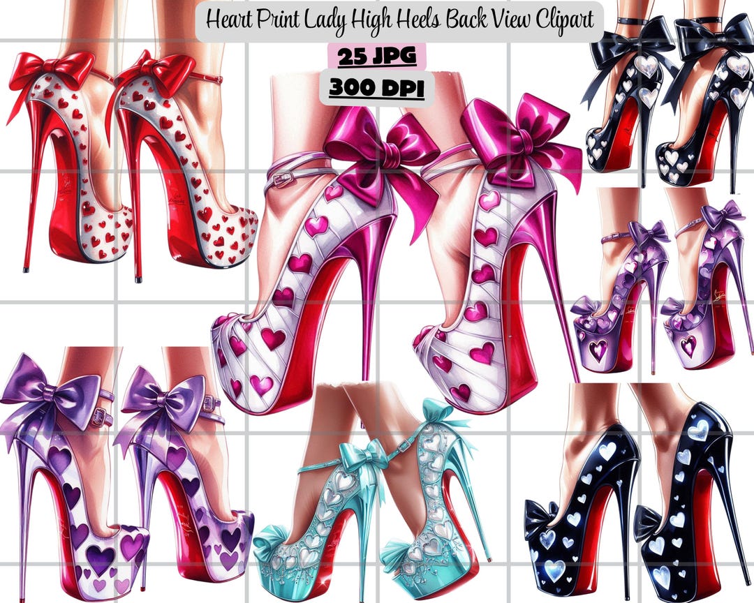 High Heels Clipart, Back View Heels Clipart, Heart Print Lady High ...