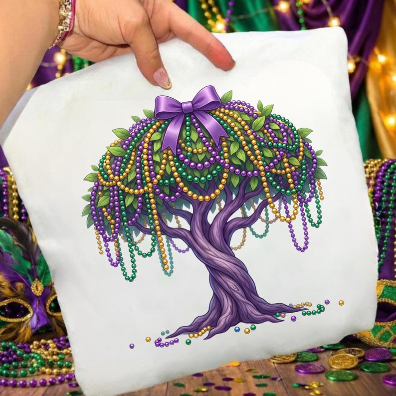 Coquette Mardi Gras Tree PNG 2026, Watercolor Bead Tree With Bow, Happy ...