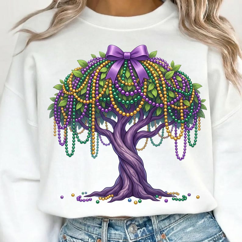 Coquette Mardi Gras Tree PNG 2026, Watercolor Bead Tree With Bow, Happy ...