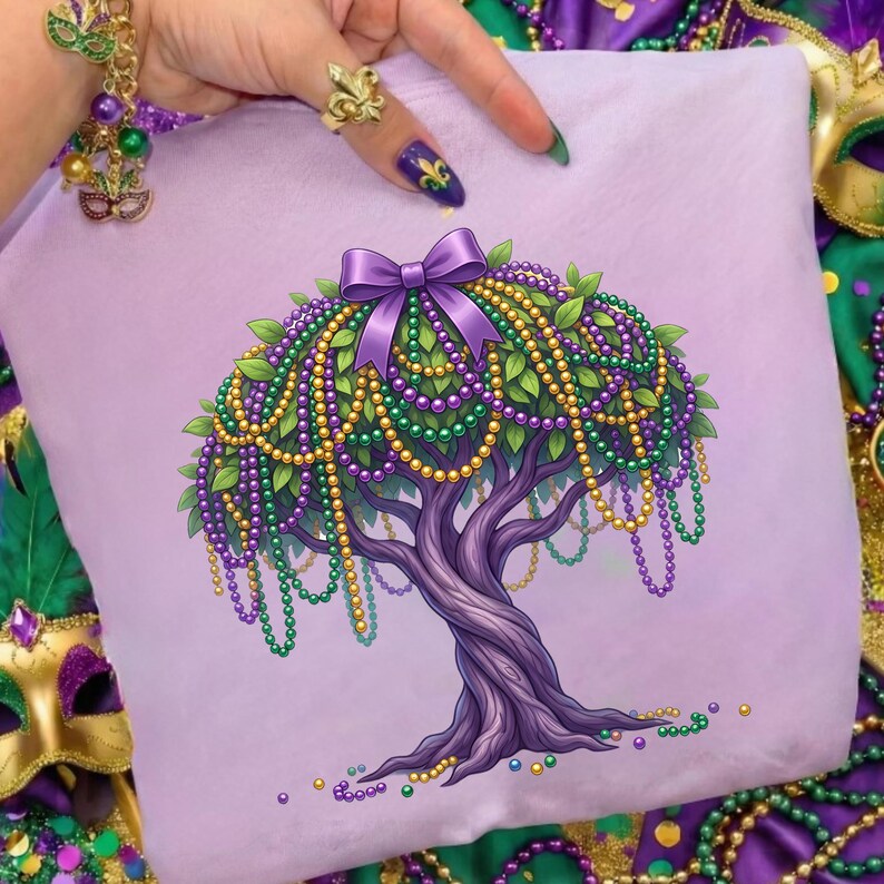Coquette Mardi Gras Tree PNG 2026, Watercolor Bead Tree With Bow, Happy ...