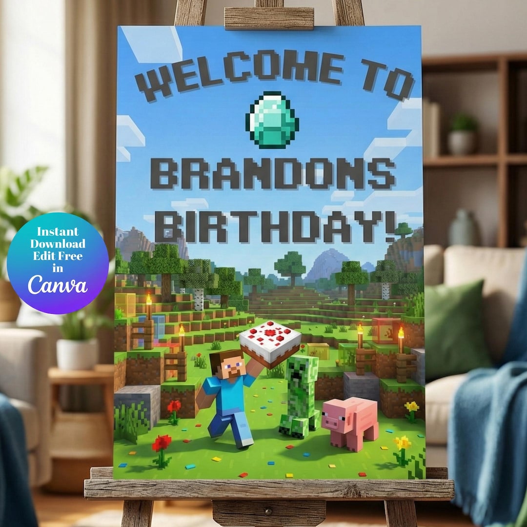 Minecraft Birthday Welcome Sign, Minecraft Editable Digital Template ...