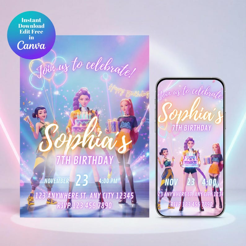 Kpop Demon Hunters Birthday Invitation, Animated Mobile Canva Party ...