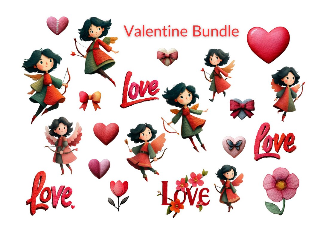 Valentine Watercolor Clipart Bundle PNG | Love Hearts, Cupid, Flowers ...