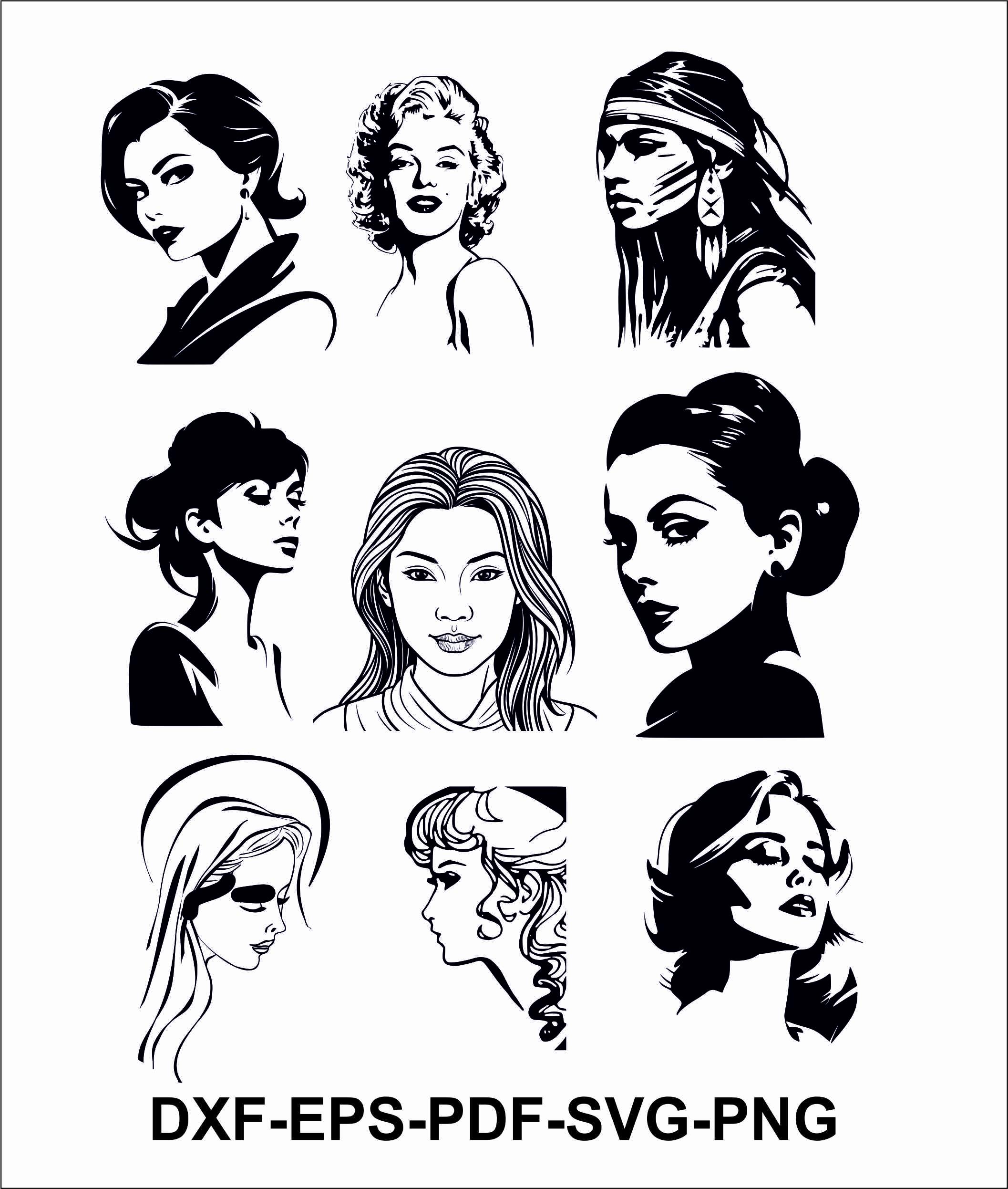 Woman Face Vector Set, Female Portrait Illustration, Minimalist Woman ...