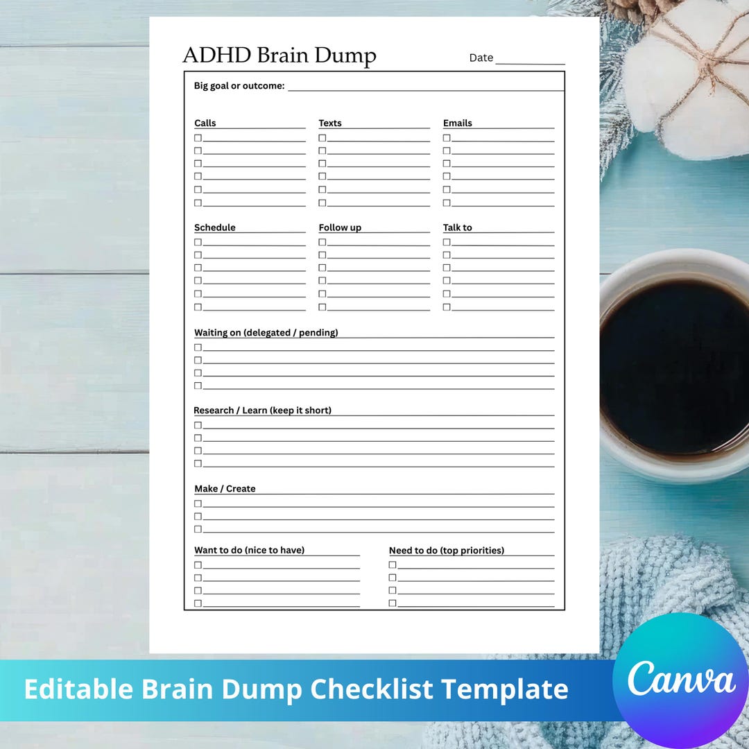 ADHD Brain Dump Planner Template | Editable Canva Template, Daily ...