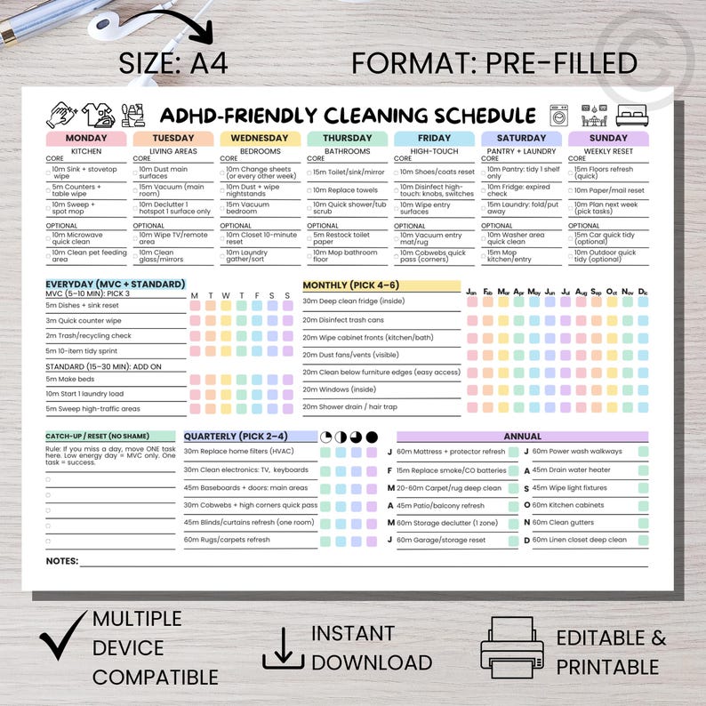 Adhd-friendly Cleaning Schedule | Fillable PDF Planner - Etsy