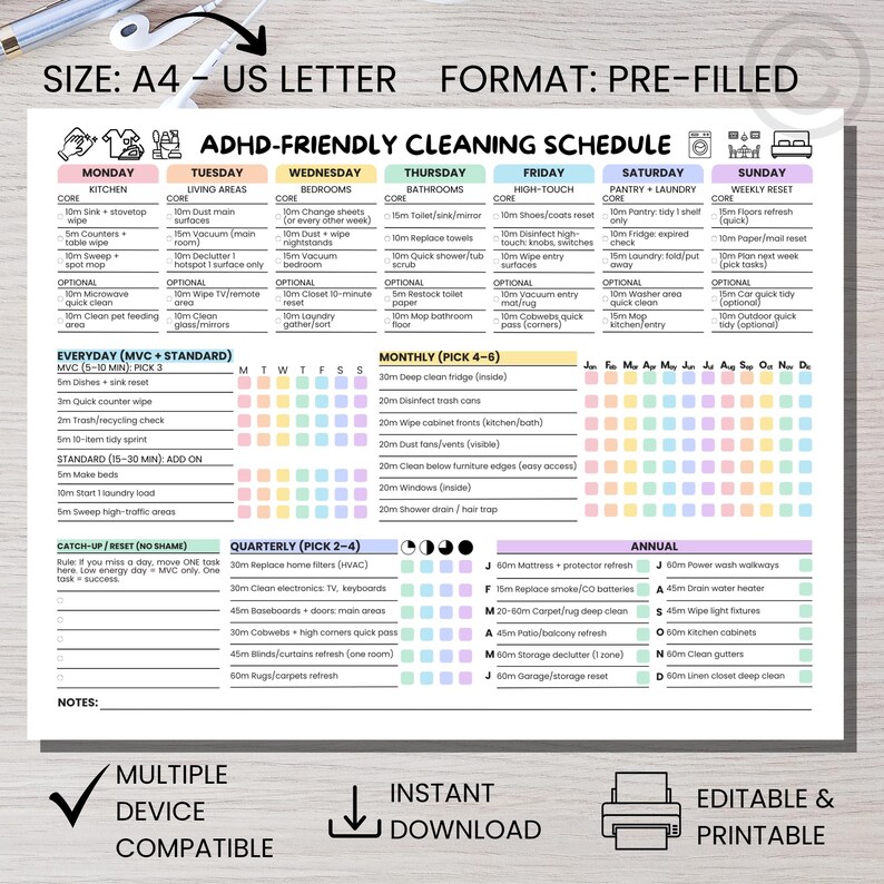 Adhd-friendly Cleaning Checklist: Rainbow Home Chore Planner (editable ...