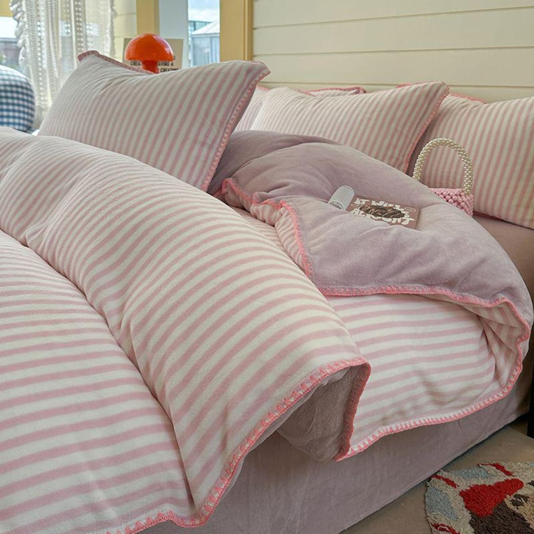 Pink Stripe Duvet Cover and Pillowcases Bedding Set - Etsy