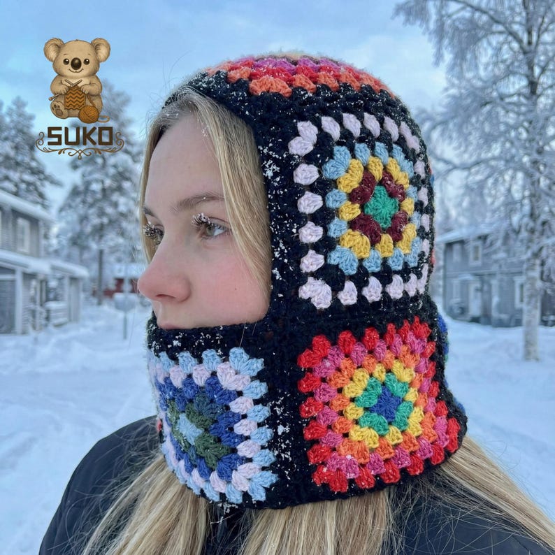Handmade Granny Square Balaclava | Wool Blend Knit Hooded Scarf, Cozy ...