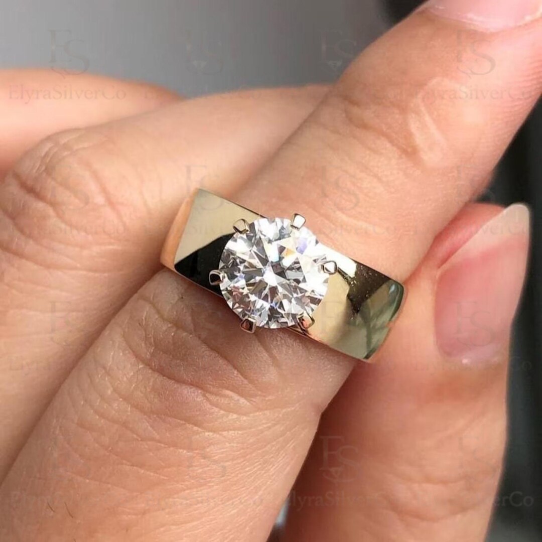 Wide Band Solitaire Moissanite Ring / 8 MM Round Cut Moissanite Men's ...