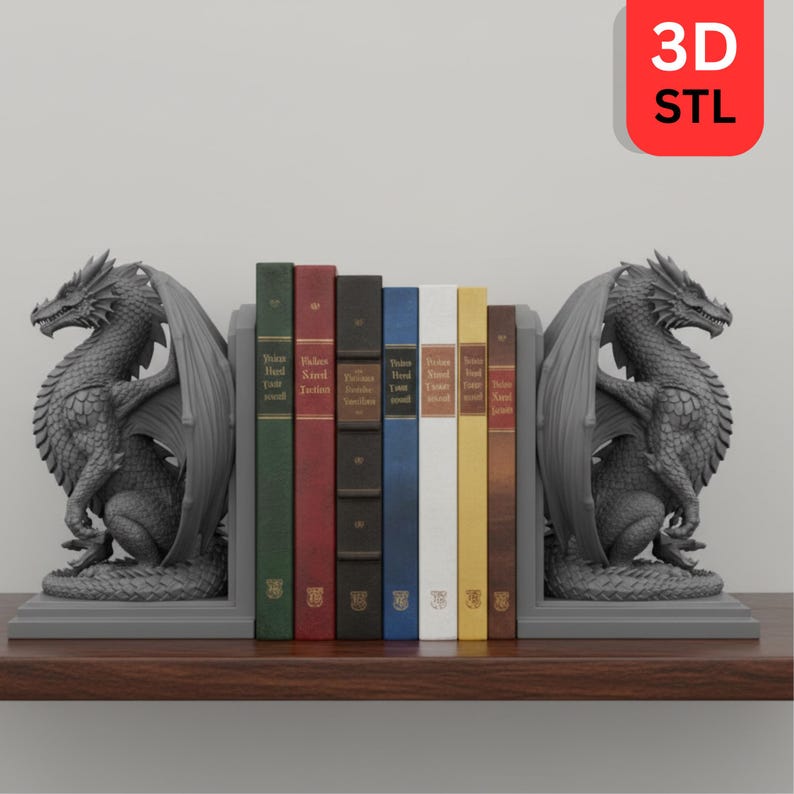3D Printable Dragon Bookends STL File | Fantasy Shelf Decor (digital ...