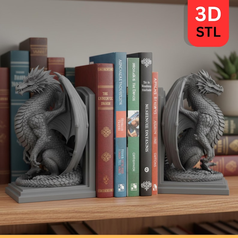 3D Printable Dragon Bookends STL File | Fantasy Shelf Decor (digital ...