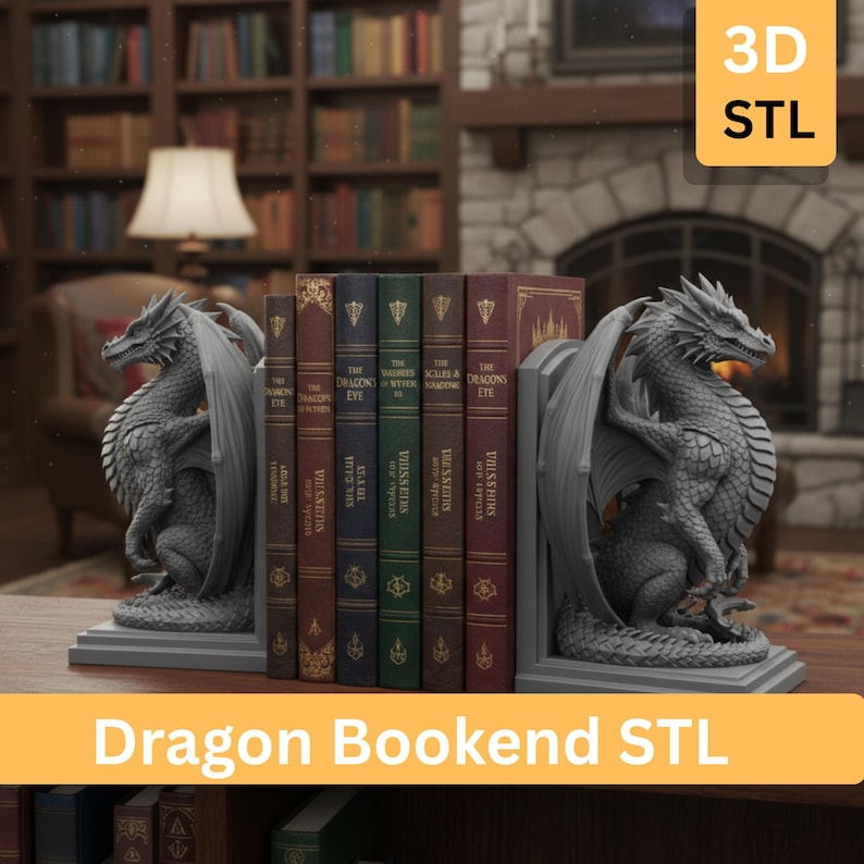 3D Printable Dragon Bookends STL File | Fantasy Shelf Decor (digital ...
