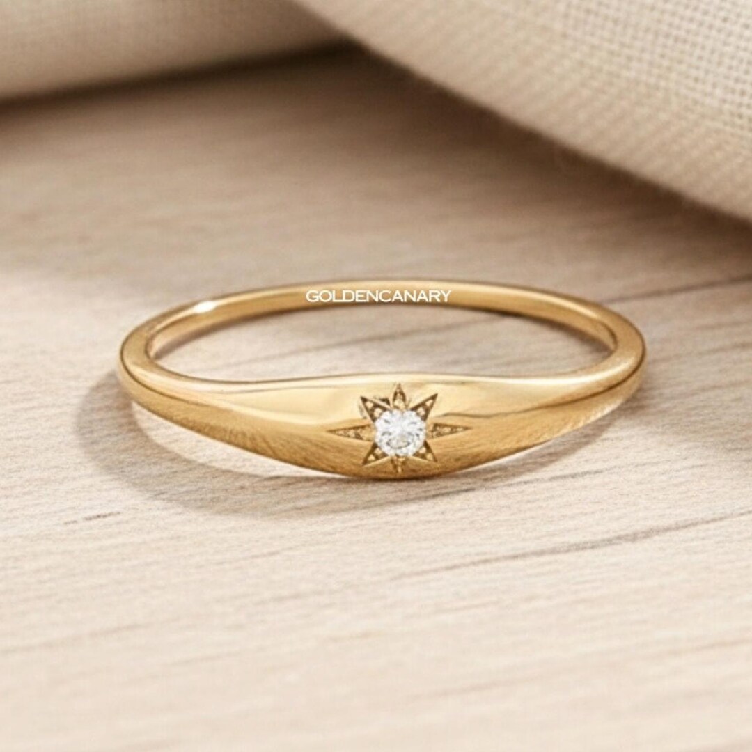 14k Gold Starburst Signet Ring Dainty Celestial Diamond Ring North Star ...